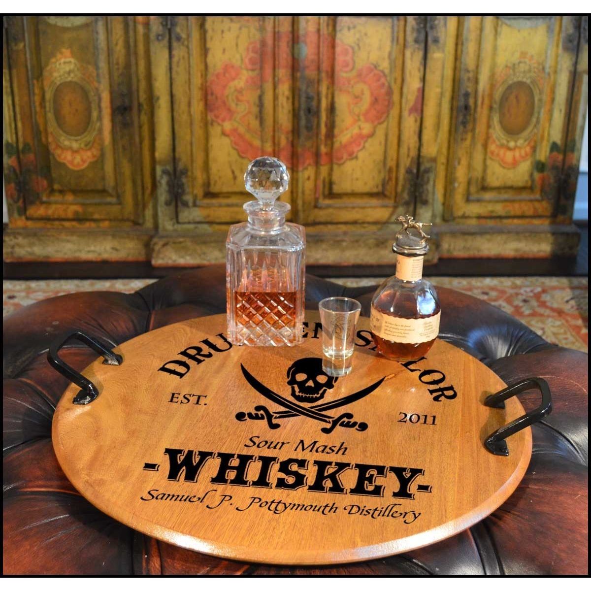 Drunken Sailor Barrel Head Serving Tray with Wrought Iron Handles - Pe ...